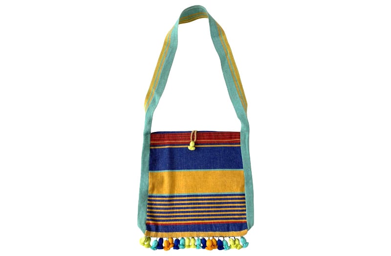 Linen Shoulder Bag with Tassels - Blue, Sand, Turquoise Stripe | The ...